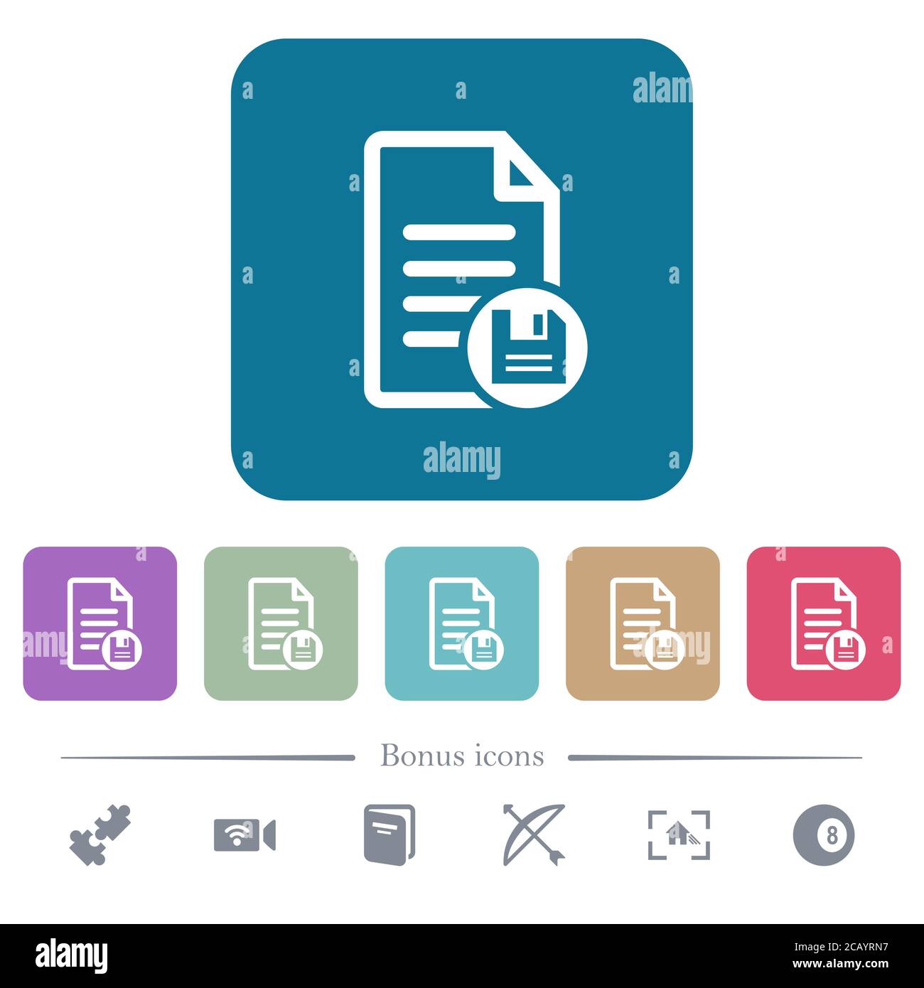 Save document white flat icons on color rounded square backgrounds. 6 ...