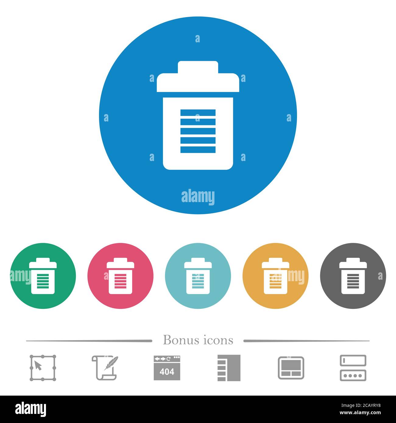Full trash flat white icons on round color backgrounds. 6 bonus icons ...