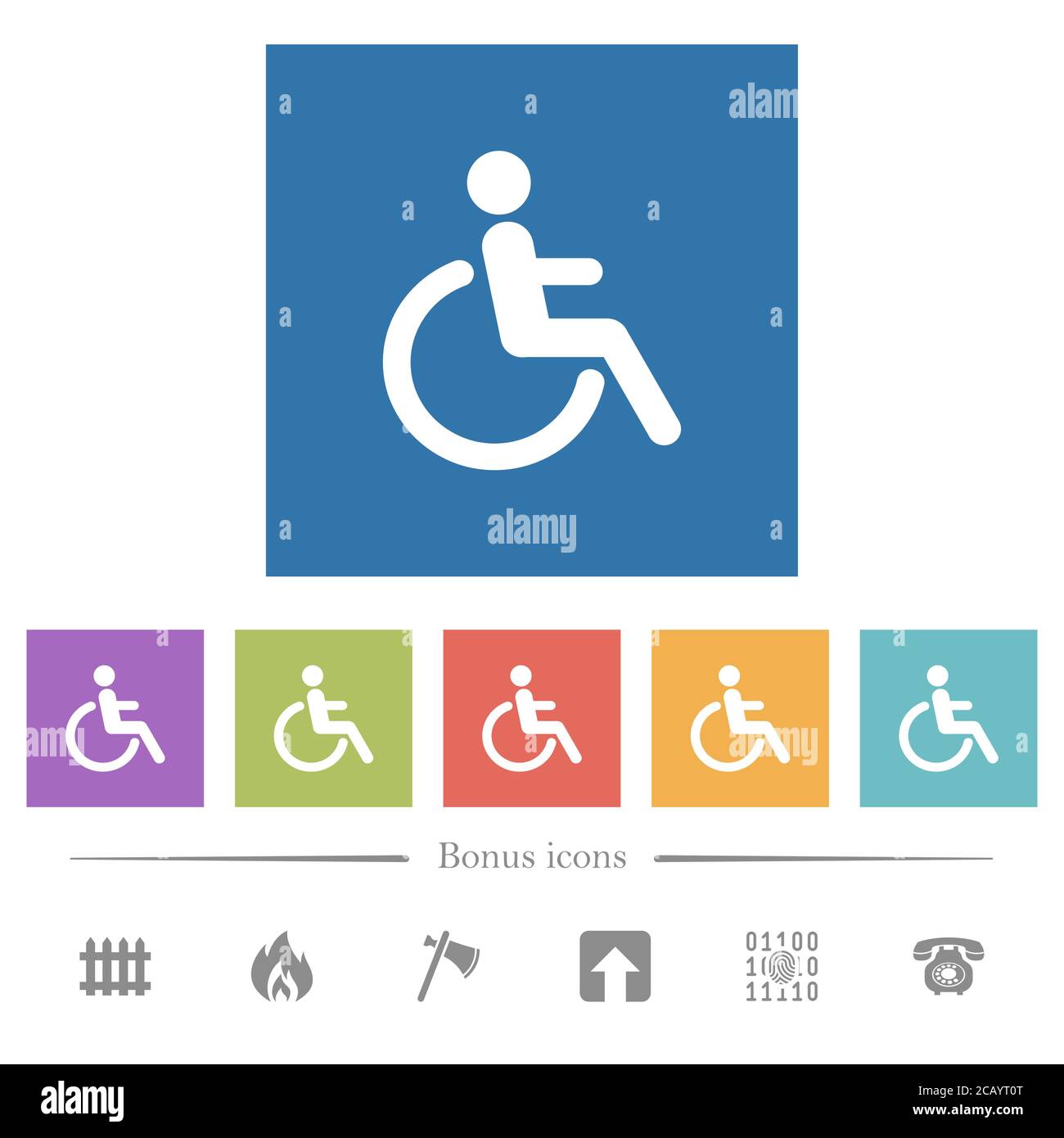 Disability flat white icons in square backgrounds. 6 bonus icons ...