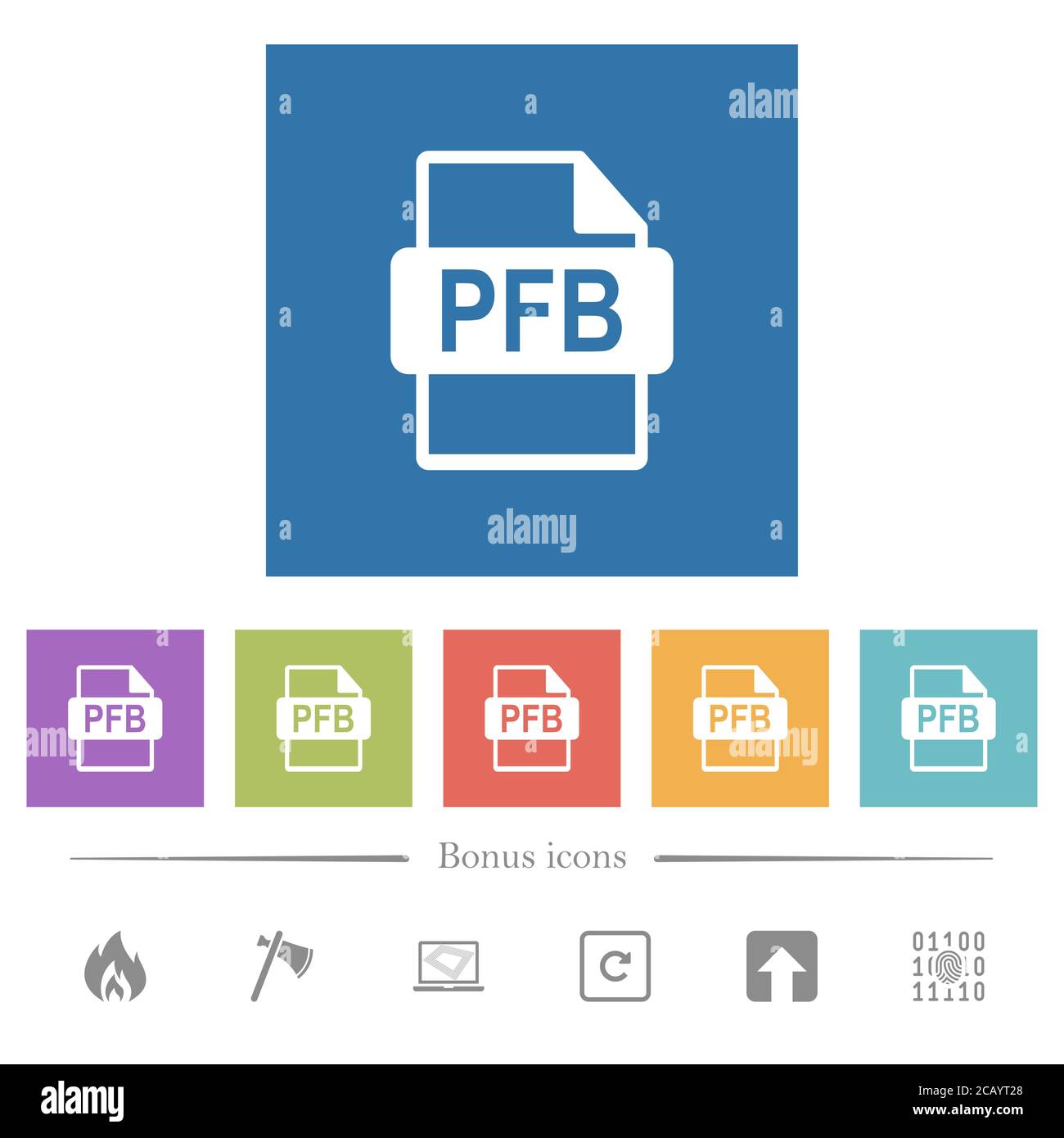 PFB file format flat white icons in square backgrounds. 6 bonus icons ...