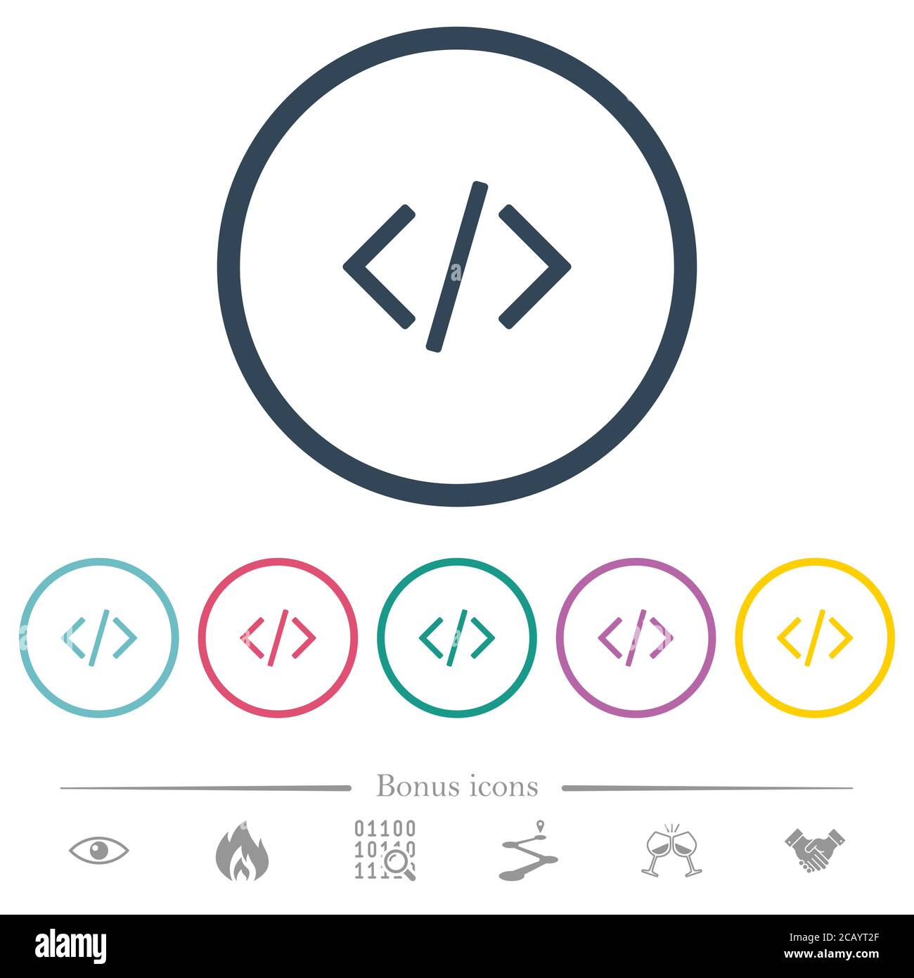 Script code flat color icons in round outlines. 6 bonus icons included ...