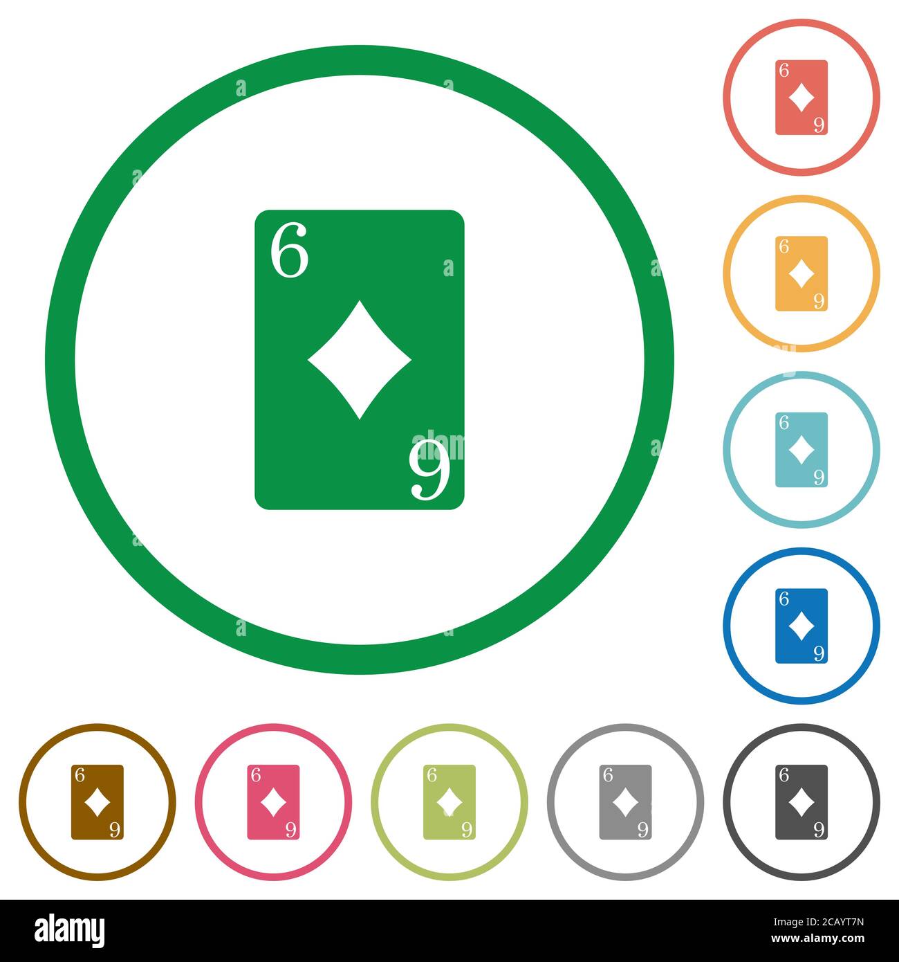 Six of diamonds card flat color icons in round outlines on white ...