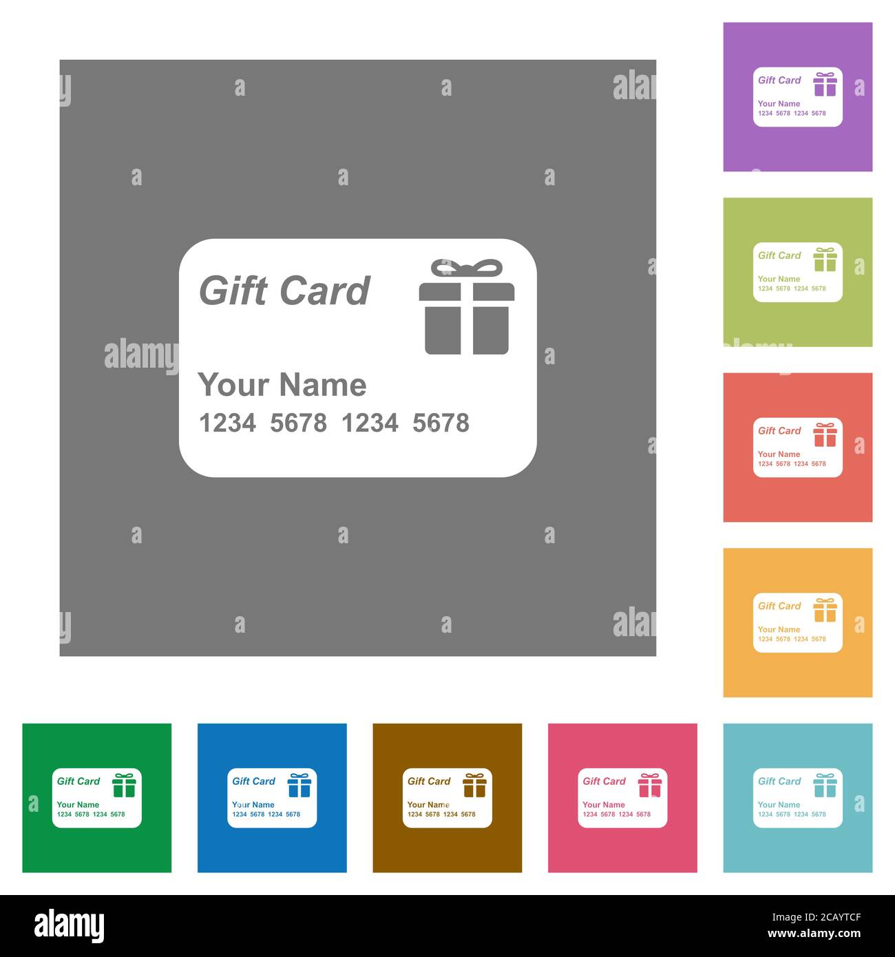 Gift card with name and numbers flat icons on simple color square ...