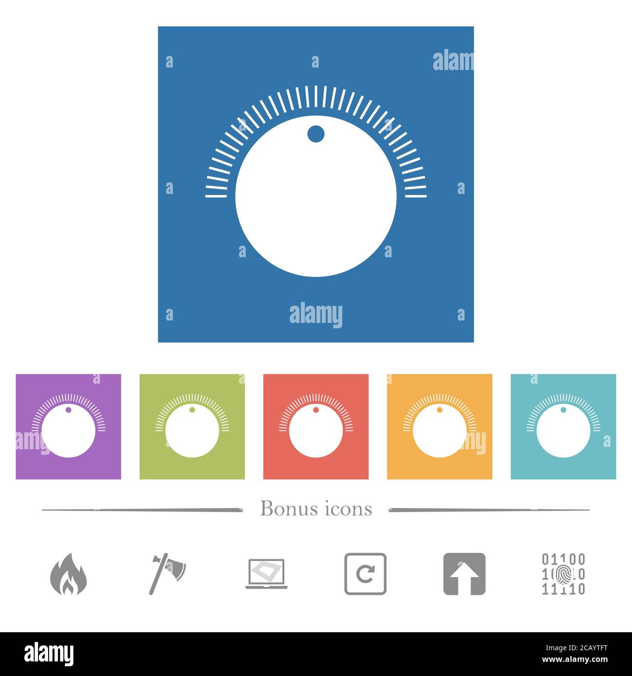 Simple volume control flat white icons in square backgrounds. 6 bonus ...