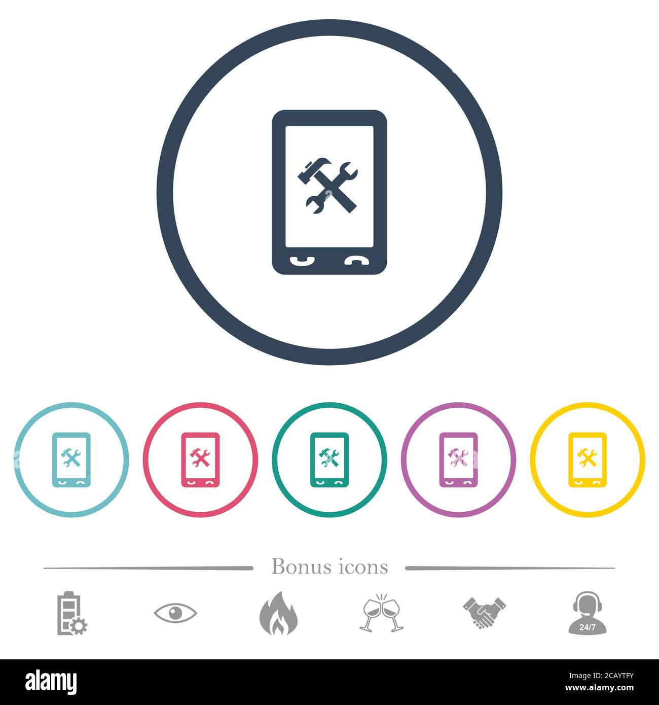 Mobile maintenance flat color icons in round outlines. 6 bonus icons ...