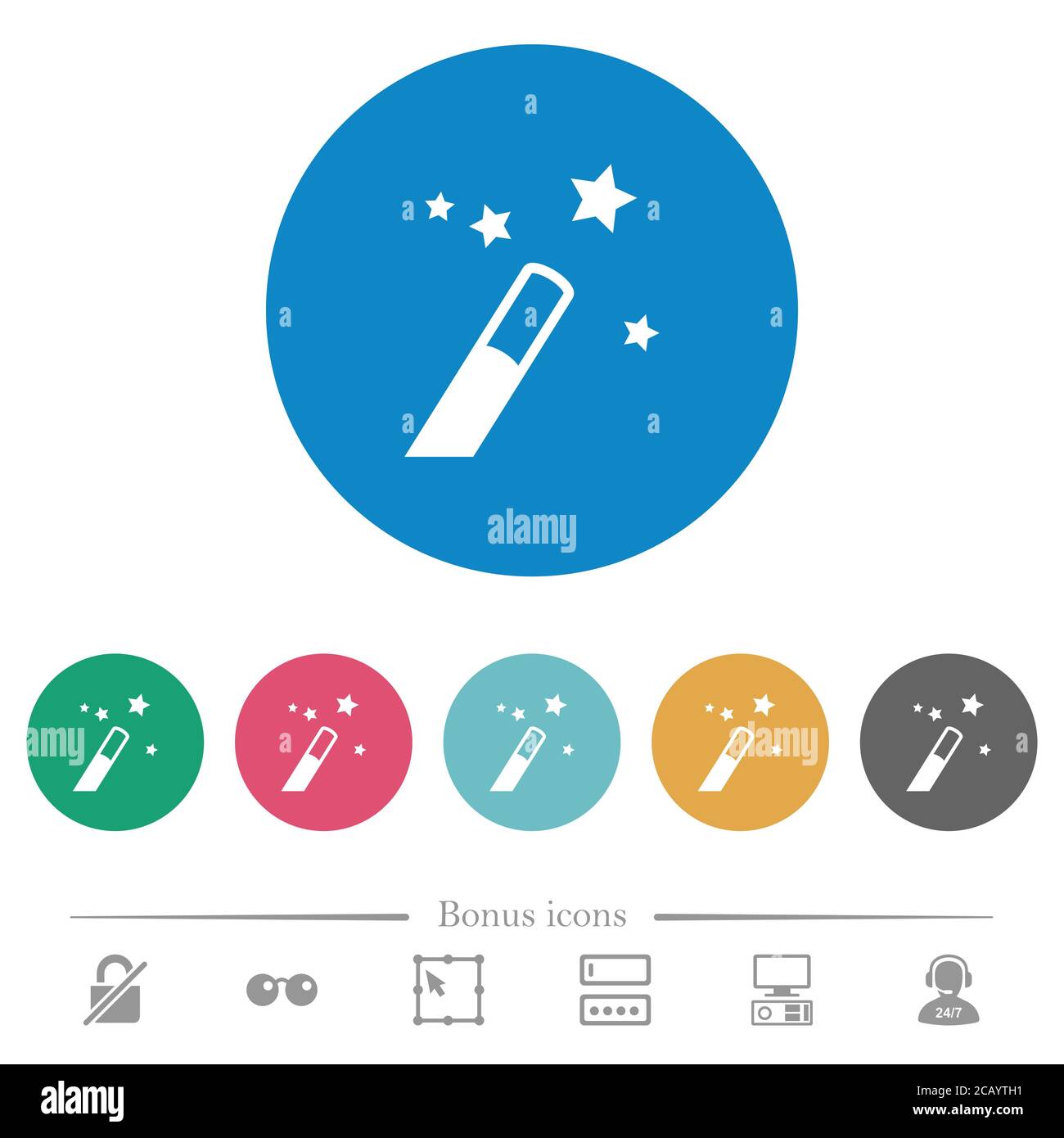 Magic wand flat white icons on round color backgrounds. 6 bonus icons ...