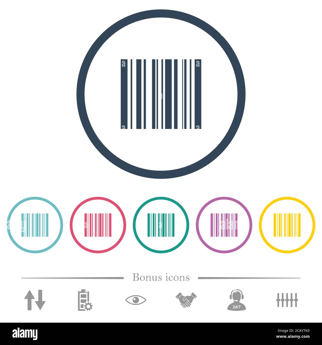 Barcode flat color icons in round outlines. 6 bonus icons included ...