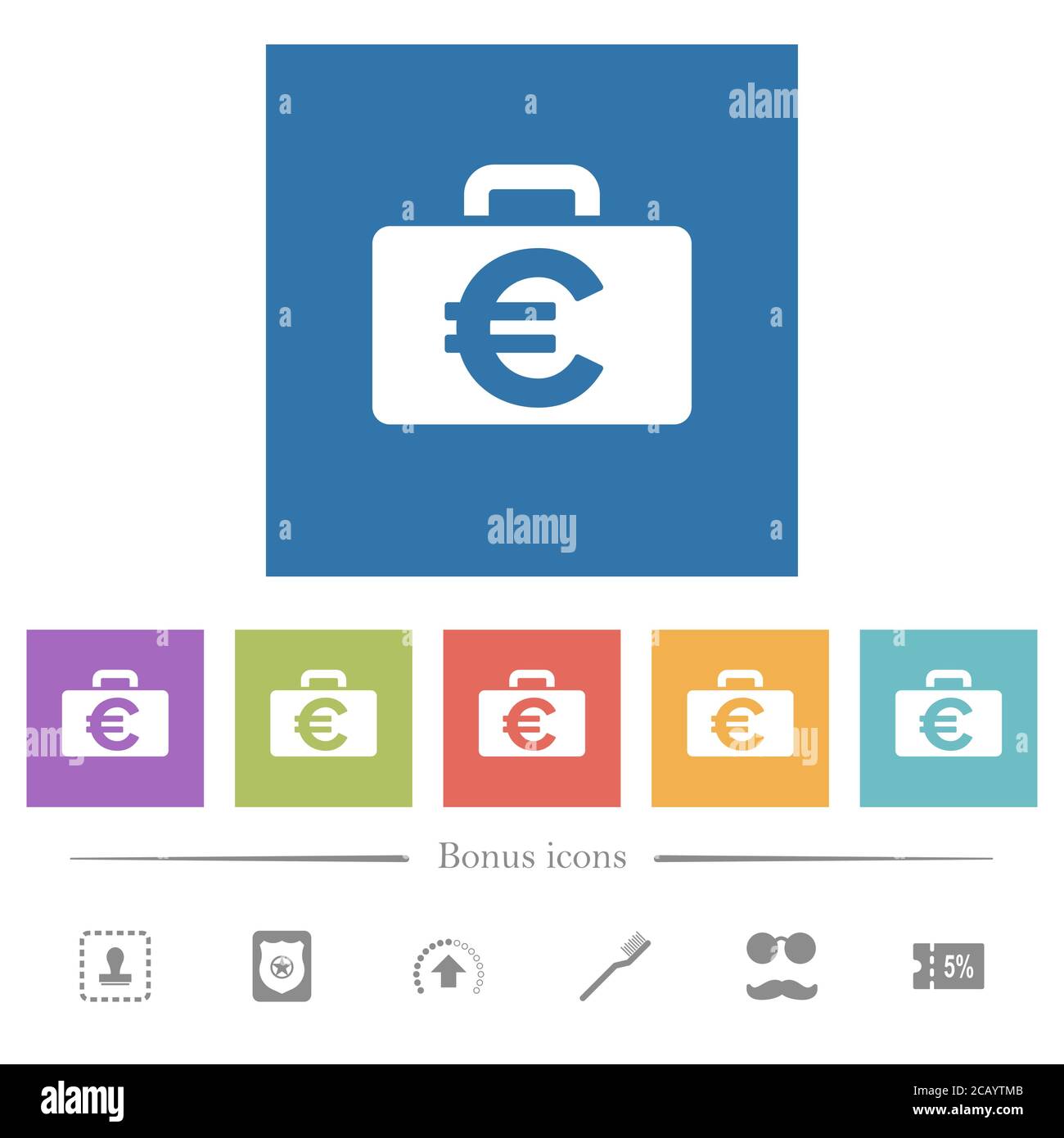 Euro bag flat white icons in square backgrounds. 6 bonus icons included ...