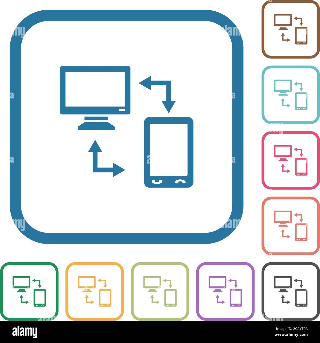 Connecting mobile to desktop simple icons in color rounded square frames on white background ...