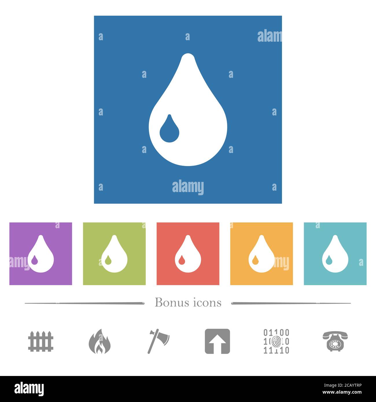 Single drop flat white icons in square backgrounds. 6 bonus icons ...