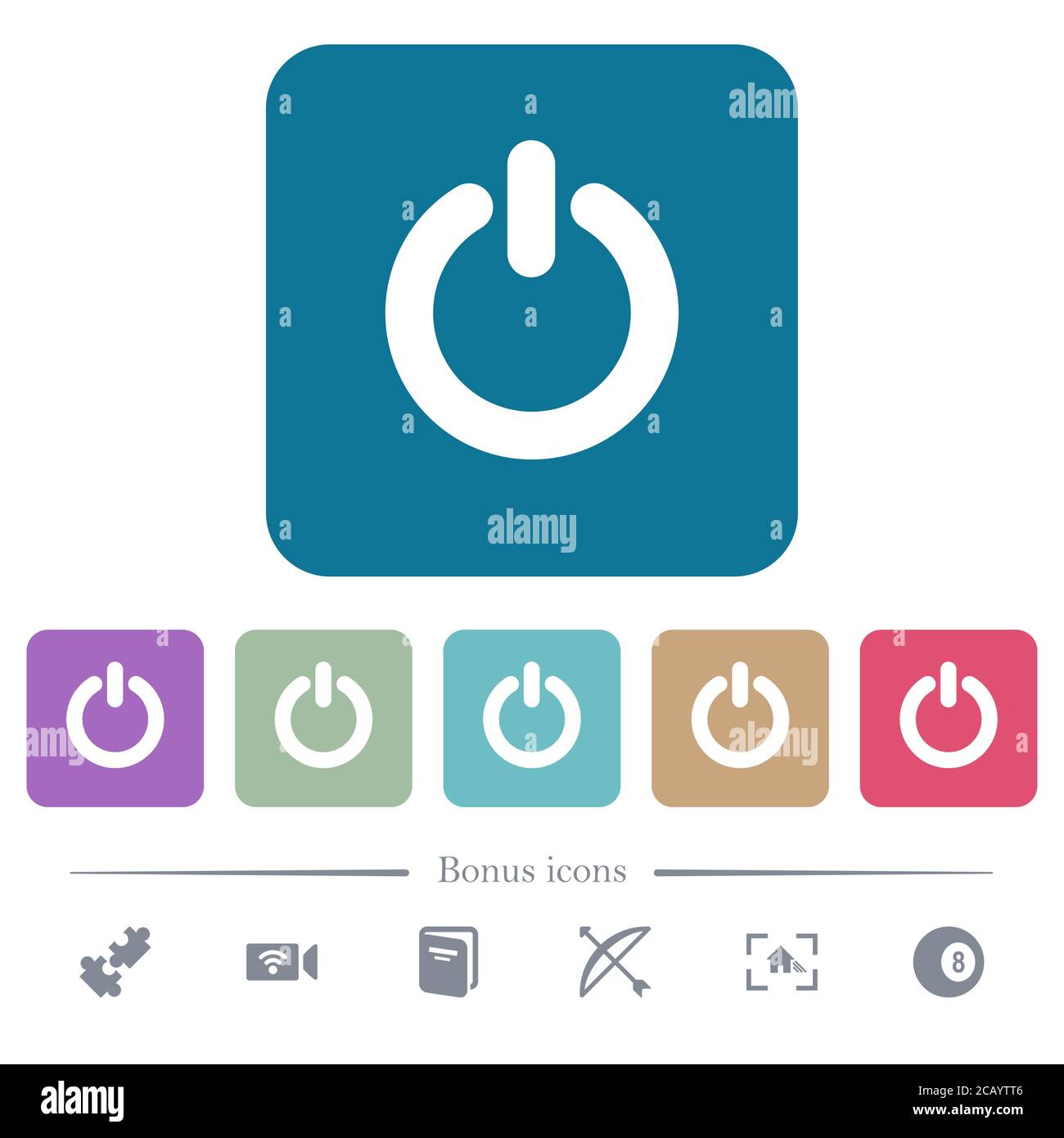Power switch white flat icons on color rounded square backgrounds. 6 bonus icons included Stock ...