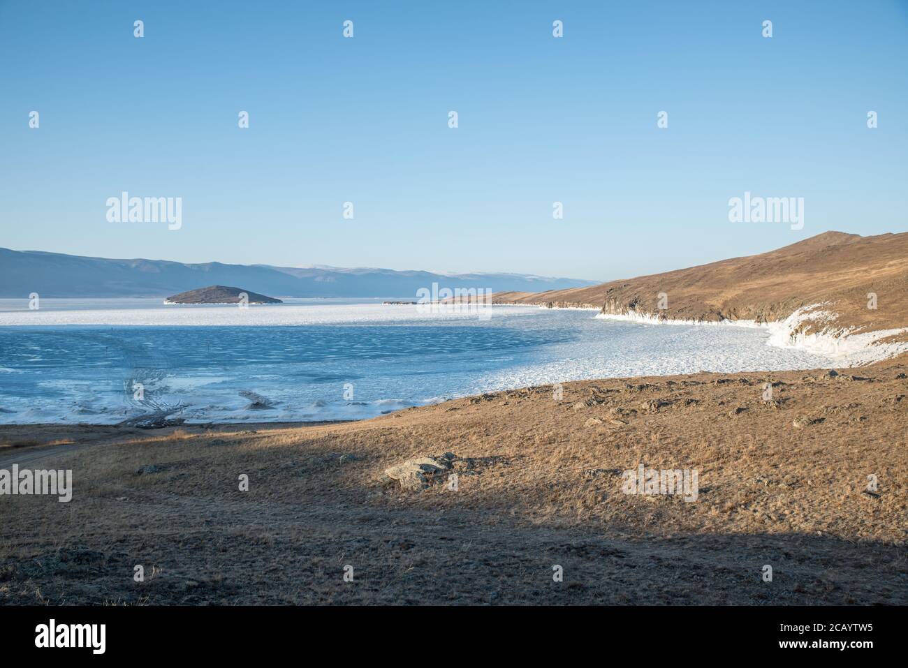 Frozen waters of Lake Baikal seen from Olkhon Island, Russia Stock Photo - Alamy