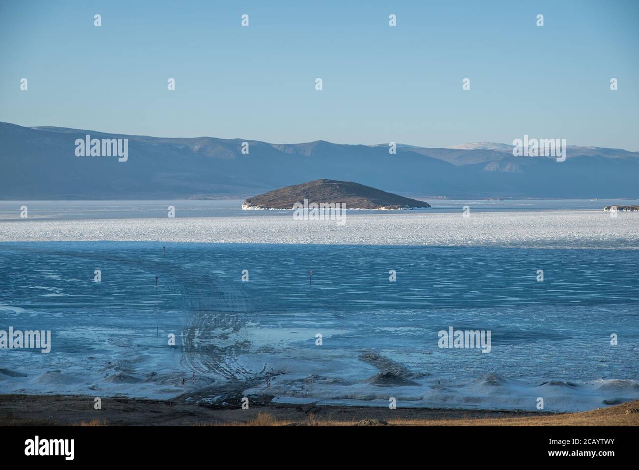 Frozen waters of Lake Baikal seen from Olkhon Island, Russia Stock Photo - Alamy