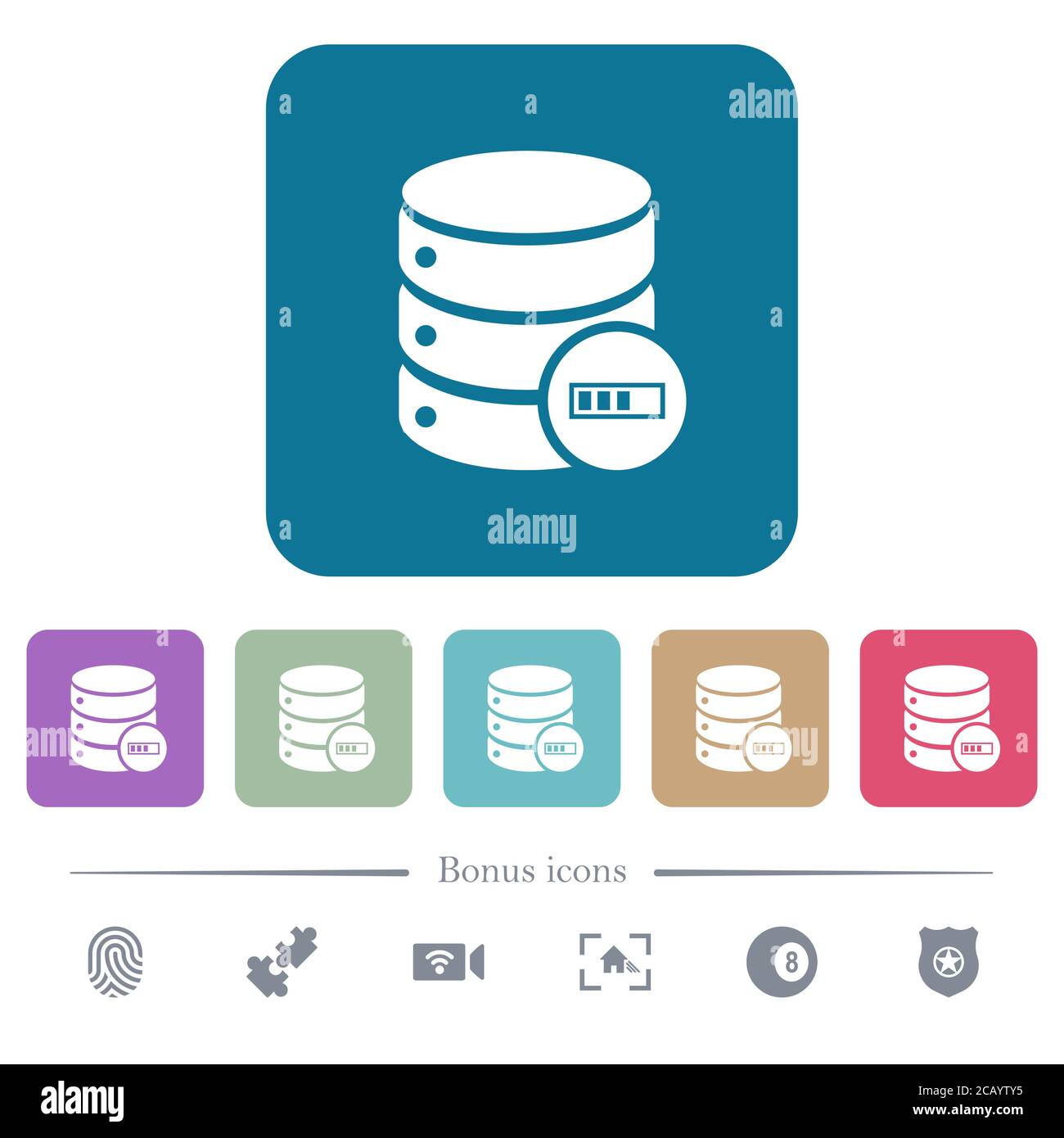 Database processing white flat icons on color rounded square backgrounds. 6 bonus icons included ...
