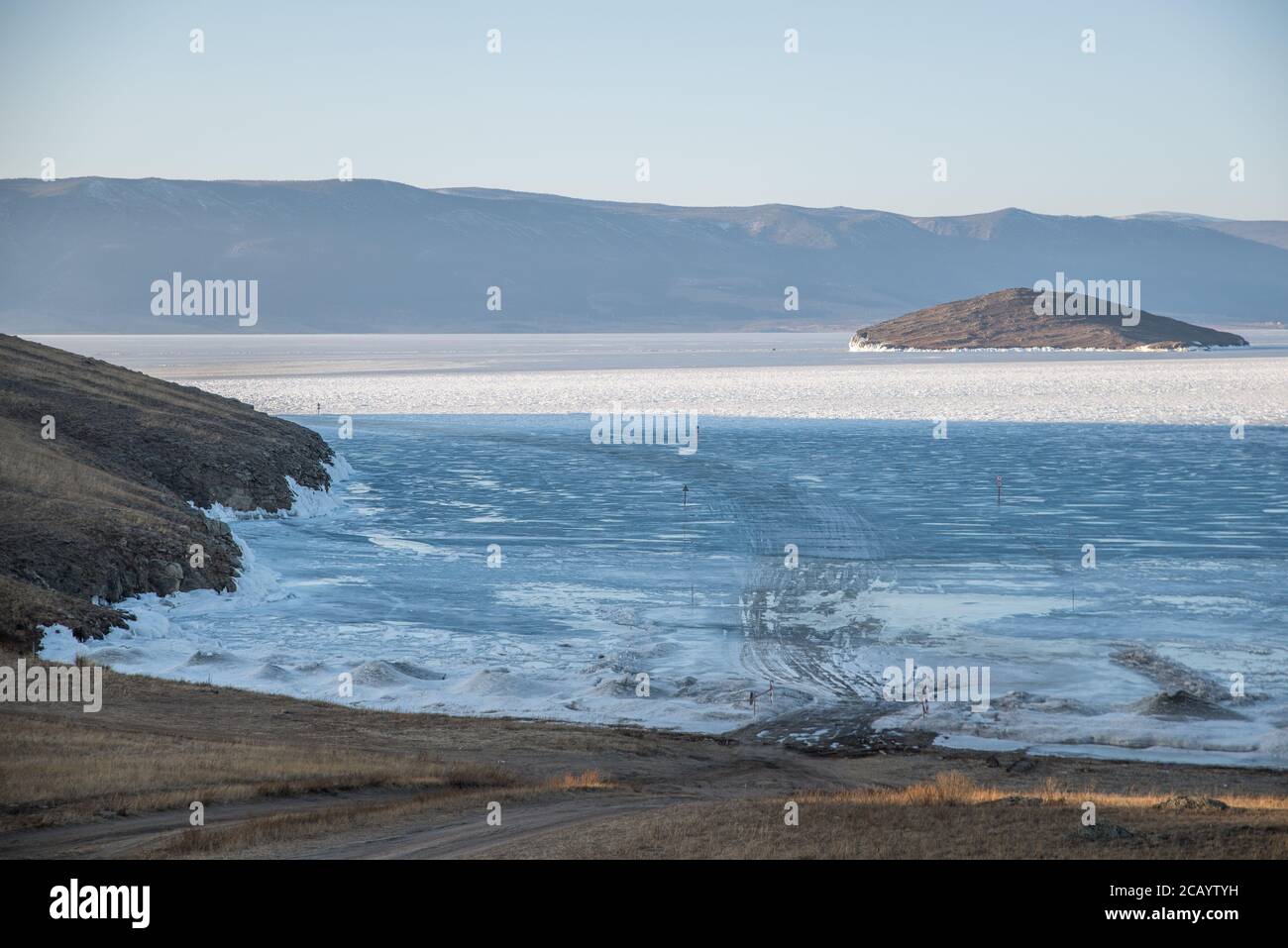Frozen waters of Lake Baikal seen from Olkhon Island, Russia Stock Photo - Alamy
