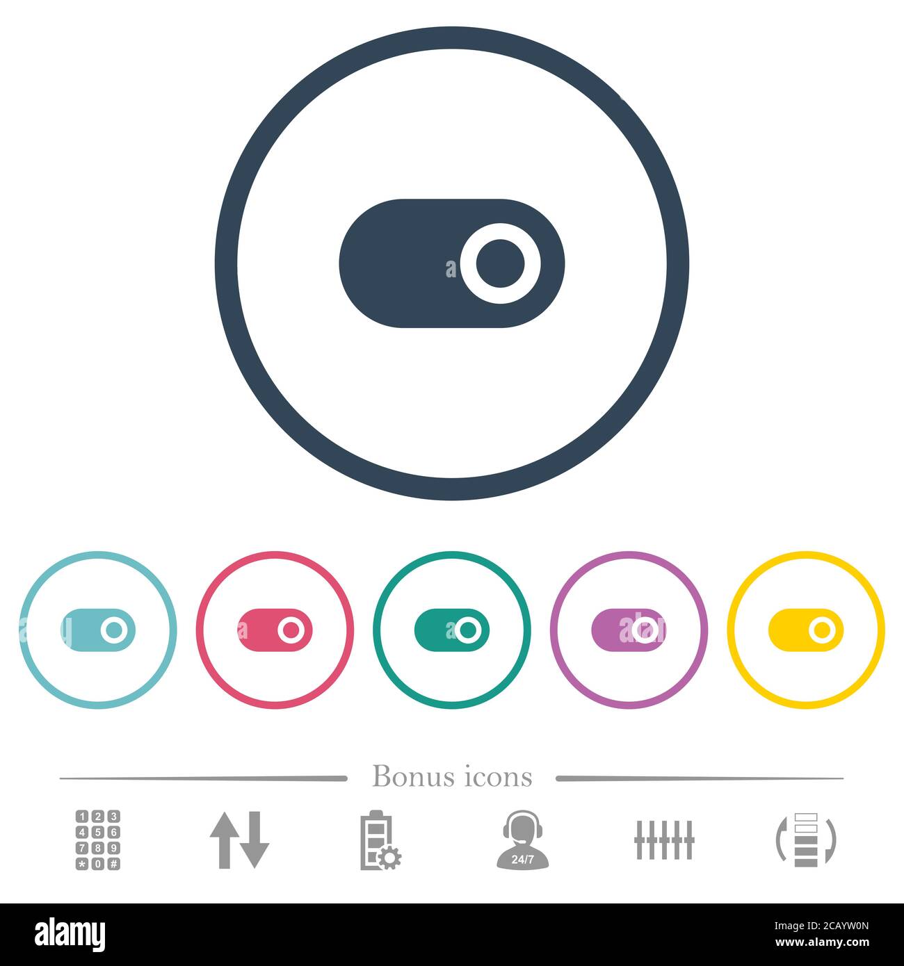 Single horizontal toggle flat color icons in round outlines. 6 bonus ...