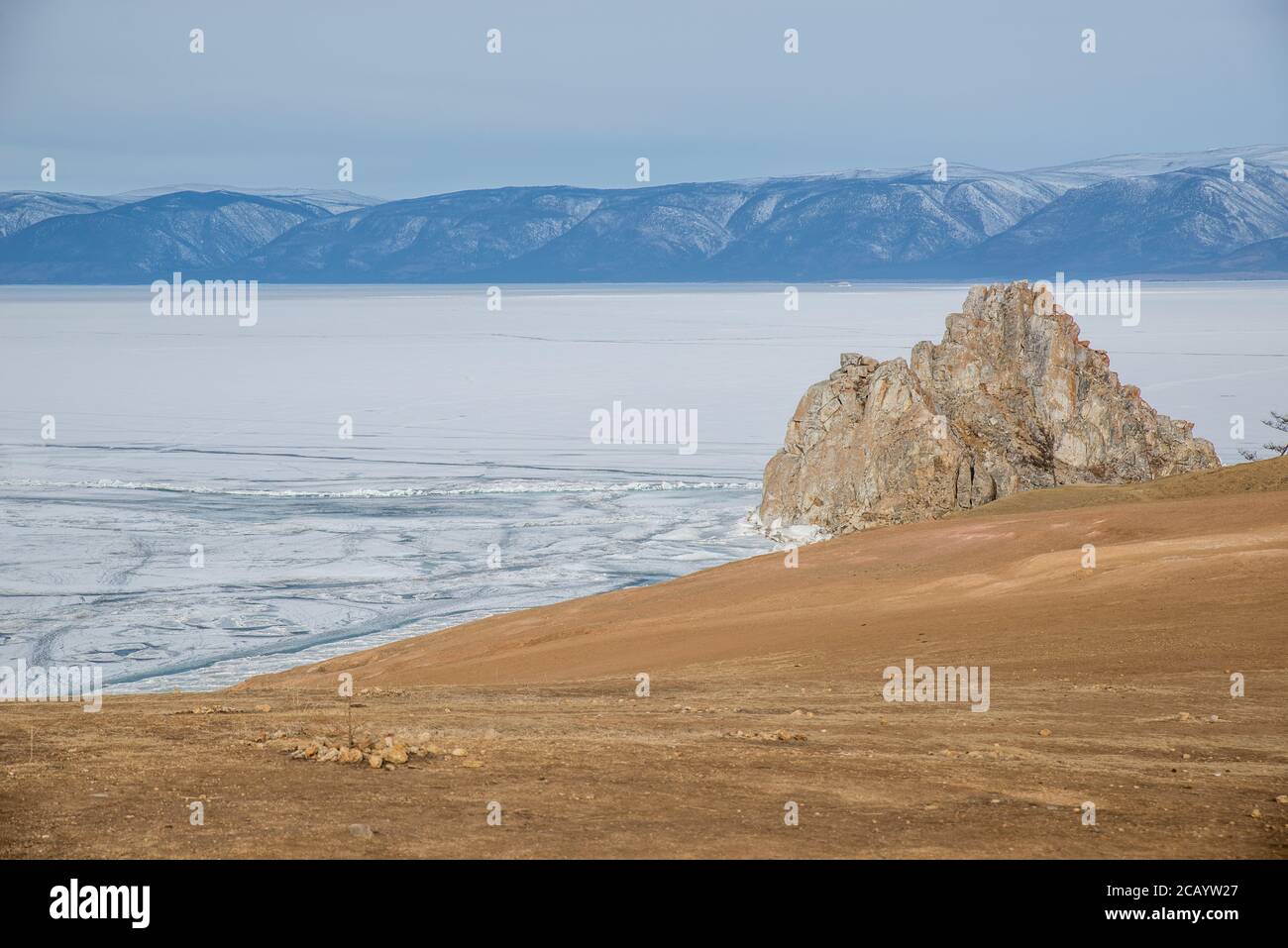 Frozen waters of Lake Baikal seen from Olkhon Island, Russia Stock Photo - Alamy