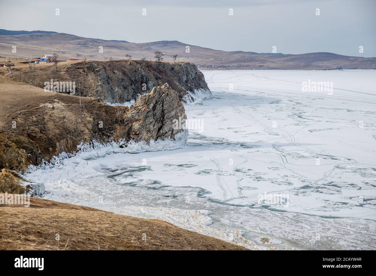 Rocks and frozen waters of Lake Baikal seen from Olkhon Island, Russia Stock Photo - Alamy