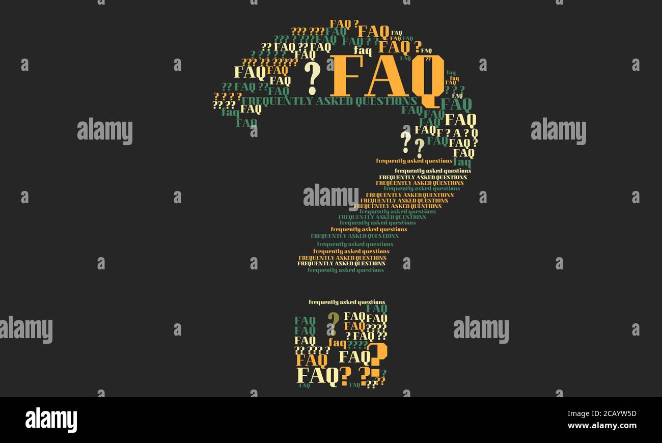 Tag cloud in the shape of a question mark regarding FAQ, frequently ...