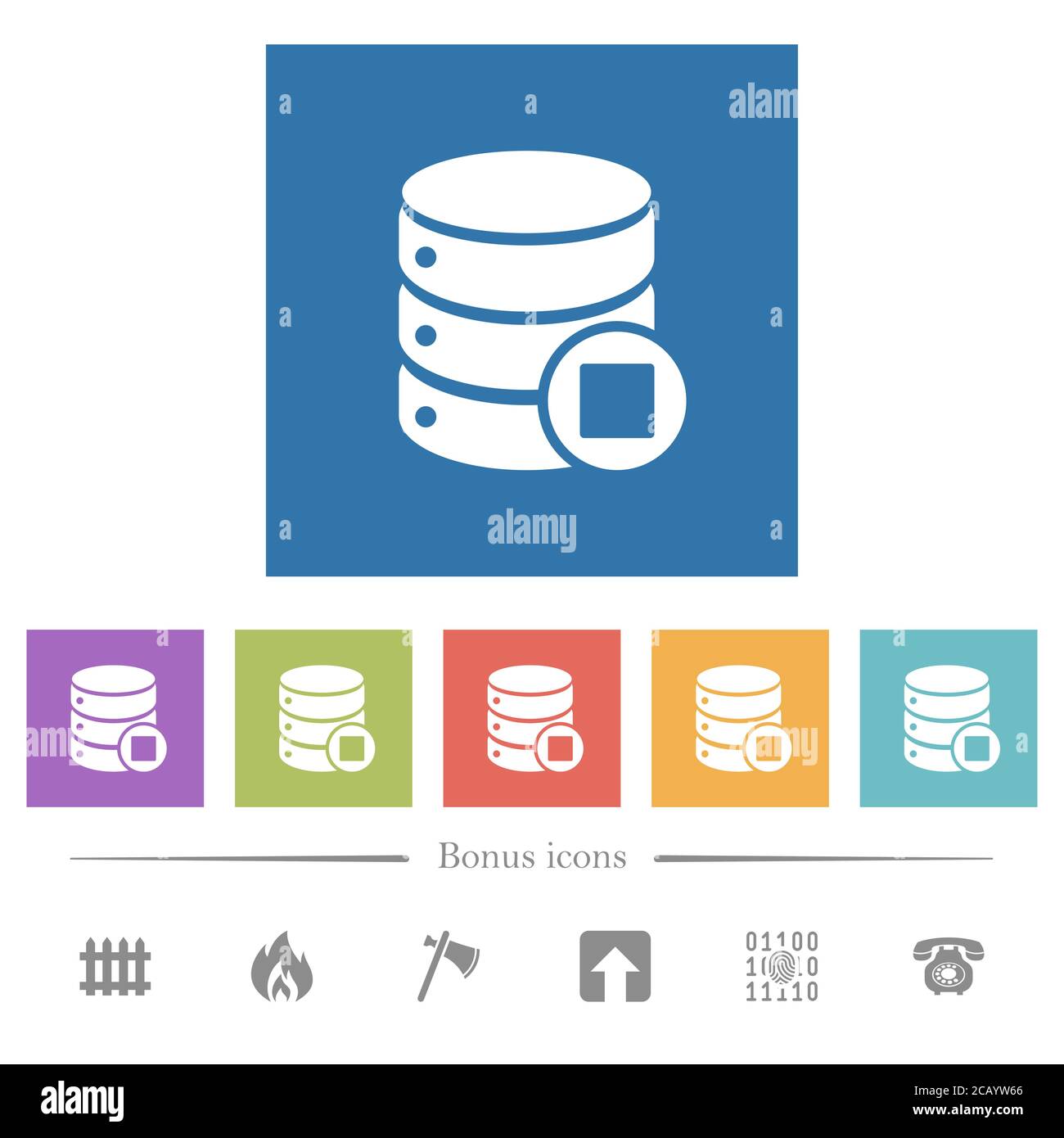 Database macro stop flat white icons in square backgrounds. 6 bonus ...