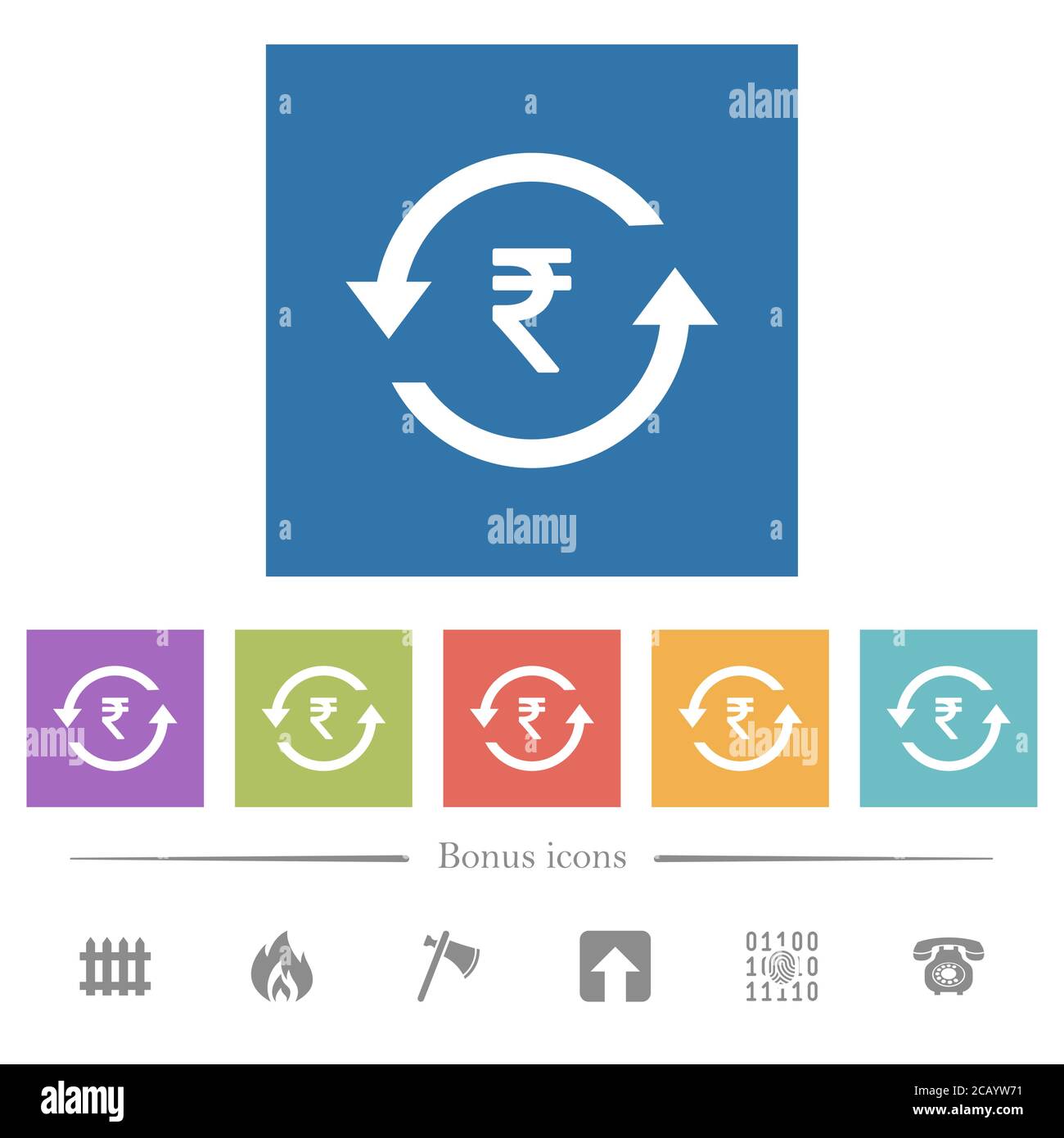 Rupee pay back flat white icons in square backgrounds. 6 bonus icons ...