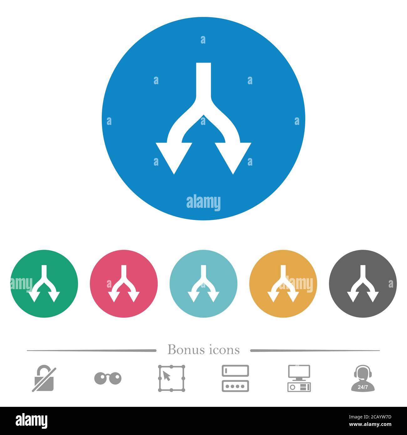 Split arrows down flat white icons on round color backgrounds. 6 bonus ...