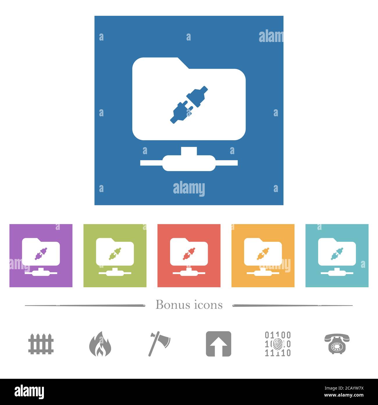 FTP connection flat white icons in square backgrounds. 6 bonus icons ...