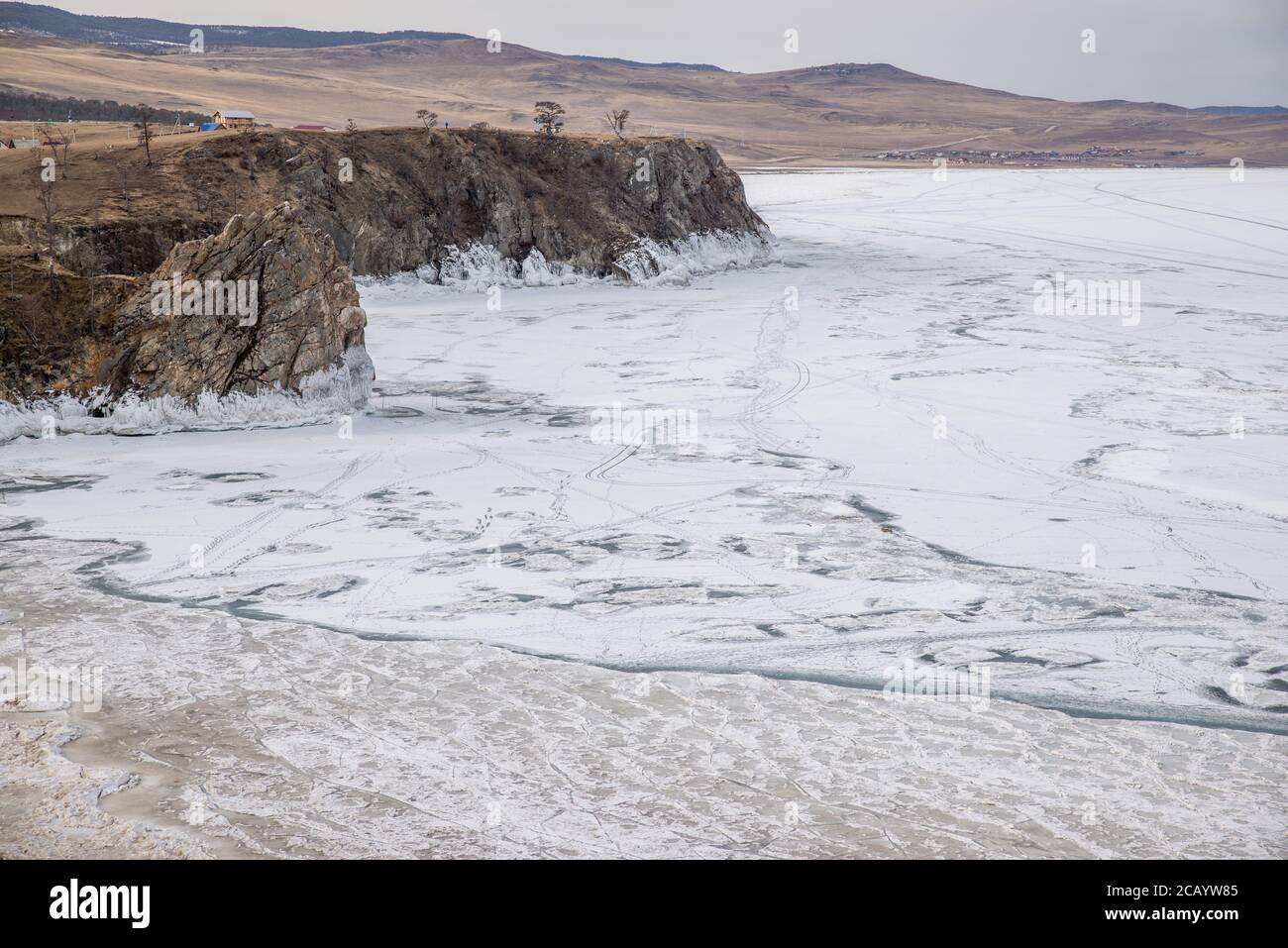 Rocks and frozen waters of Lake Baikal seen from Olkhon Island, Russia Stock Photo - Alamy