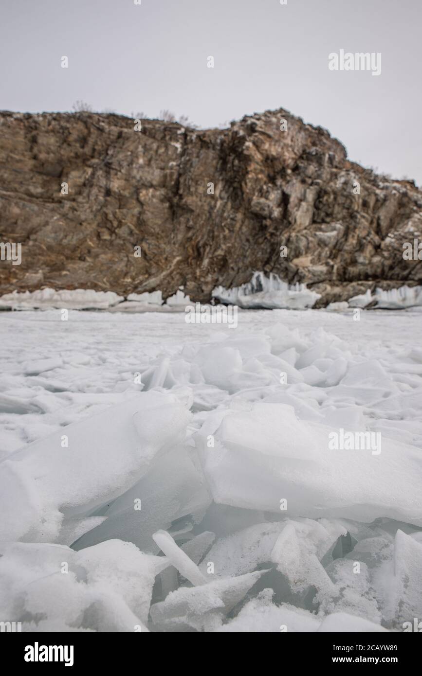 Rocks and frozen waters of Lake Baikal seen from Olkhon Island, Russia Stock Photo - Alamy