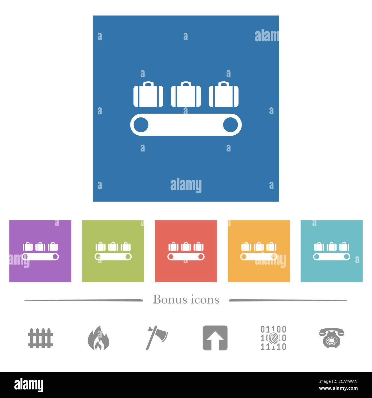 Luggage conveyor flat white icons in square backgrounds. 6 bonus icons ...