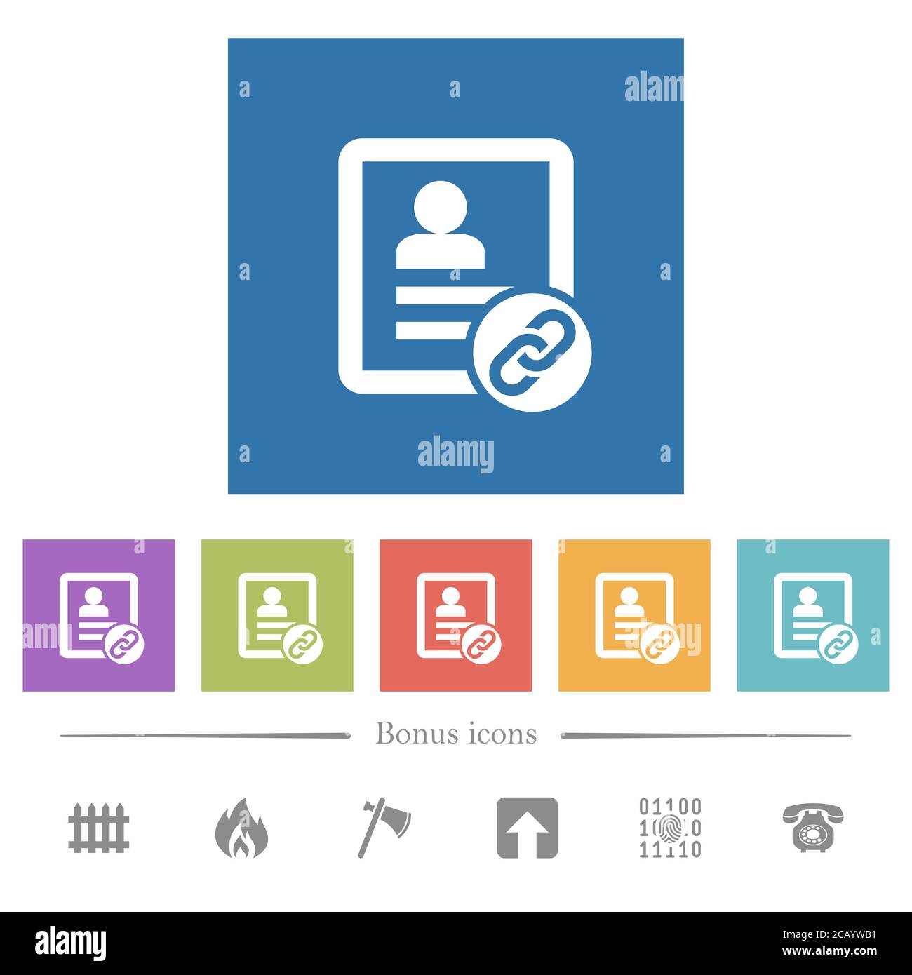 Contact attach flat white icons in square backgrounds. 6 bonus icons ...