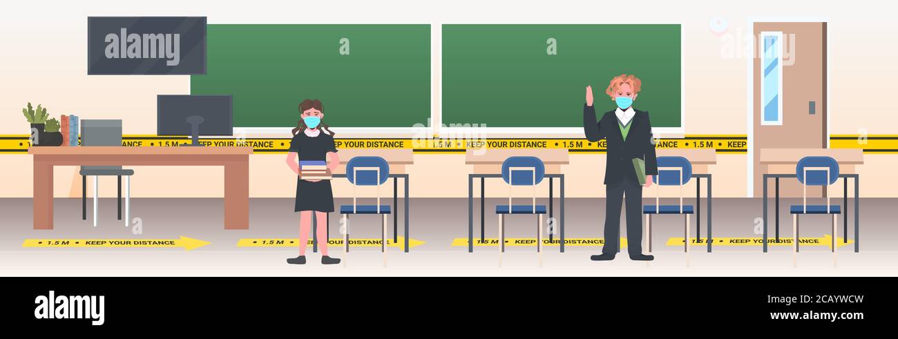 schoolchildren in masks keeping distance to prevent coronavirus ...