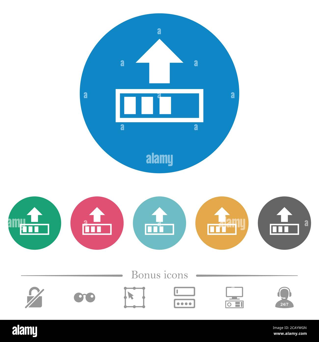 Upload in progress flat white icons on round color backgrounds. 6 bonus ...