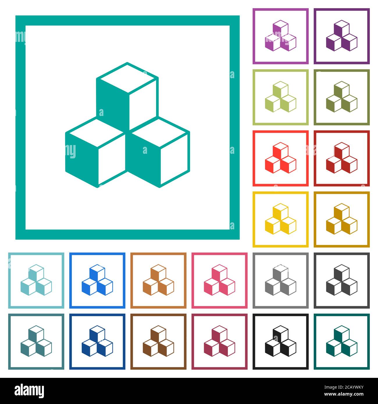 Cubes flat color icons with quadrant frames on white background Stock ...