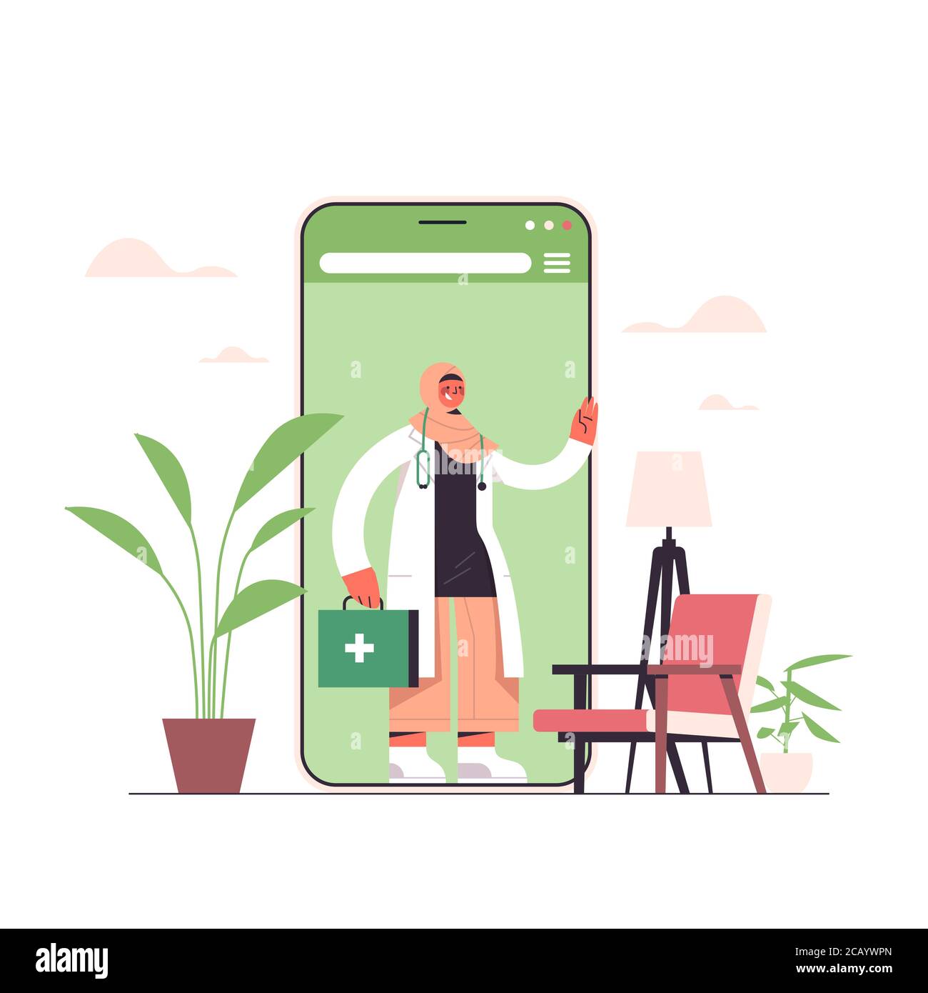 arab female doctor with first aid kit in smartphone screen chat bubble ...