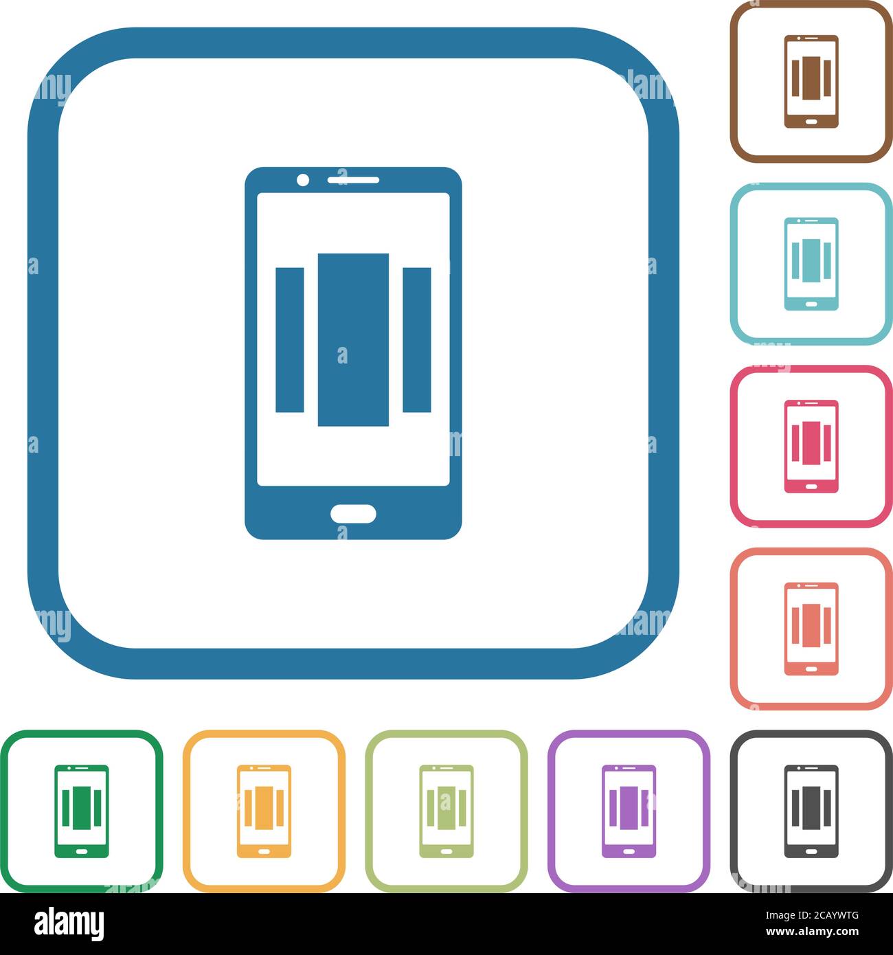 Setting up mobile homescreen simple icons in color rounded square frames on white background ...