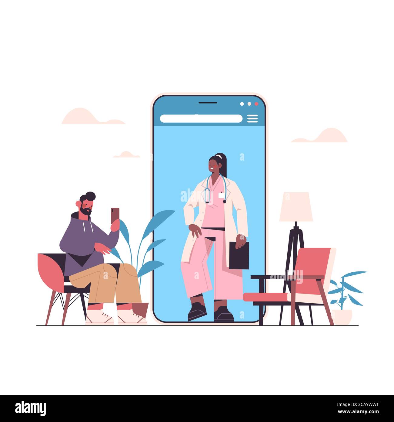 male patient discussing with female doctor in smartphone screen chat ...