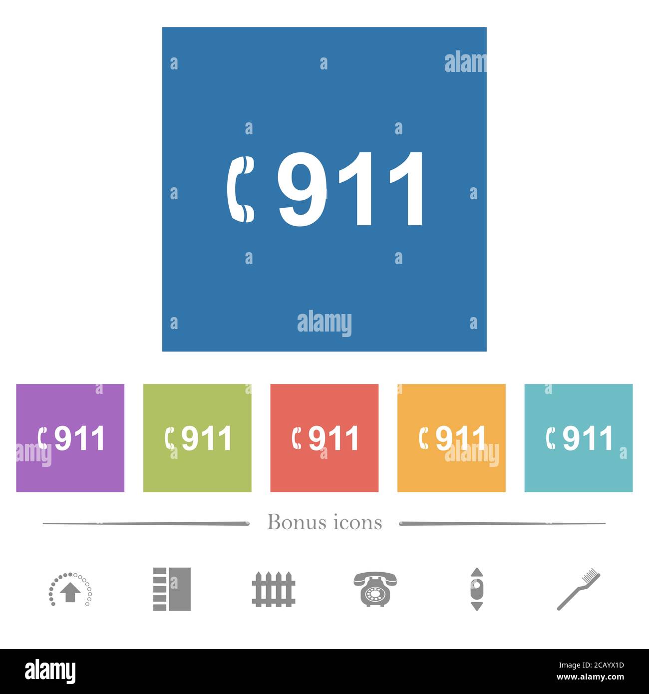 Emergency call 911 flat white icons in square backgrounds. 6 bonus ...