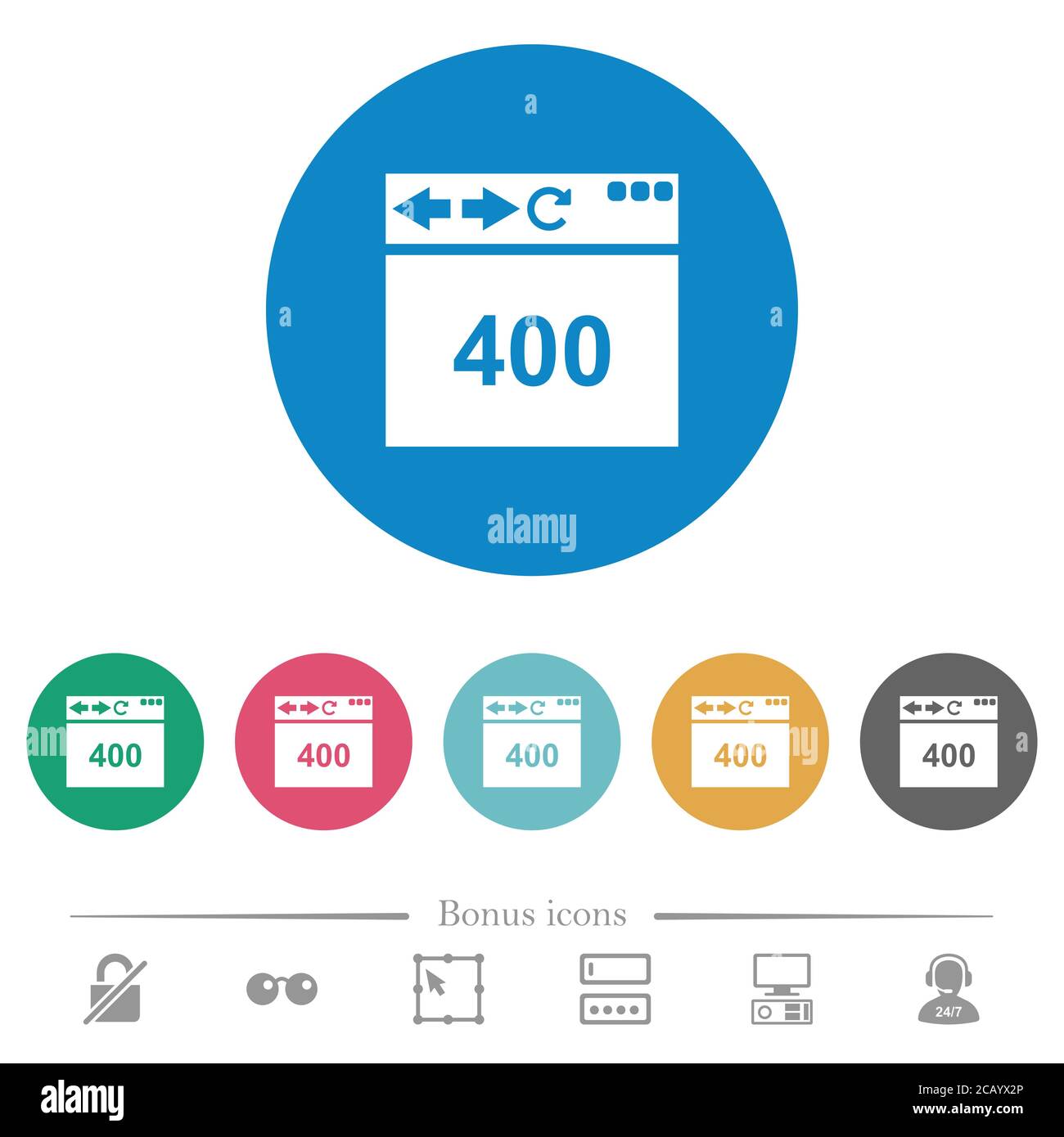 Browser 400 Bad Request flat white icons on round color backgrounds. 6 ...