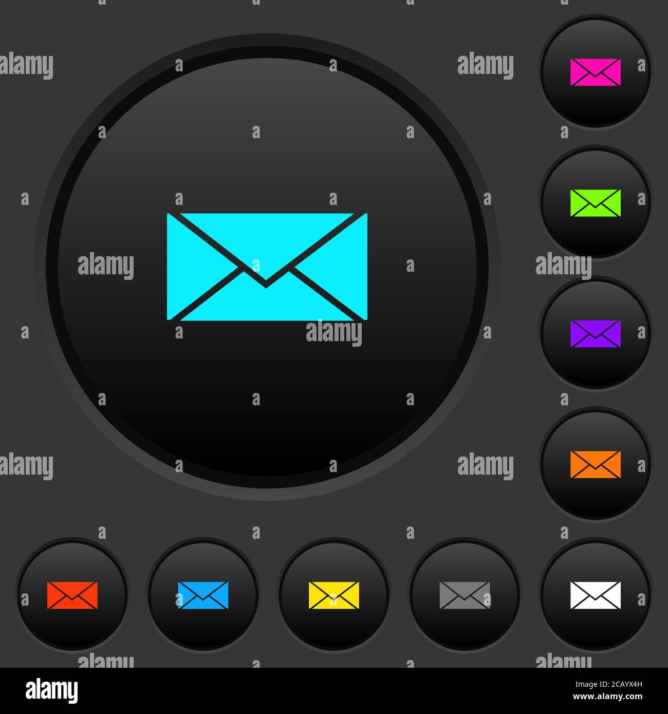 Single envelope dark push buttons with vivid color icons on dark grey ...