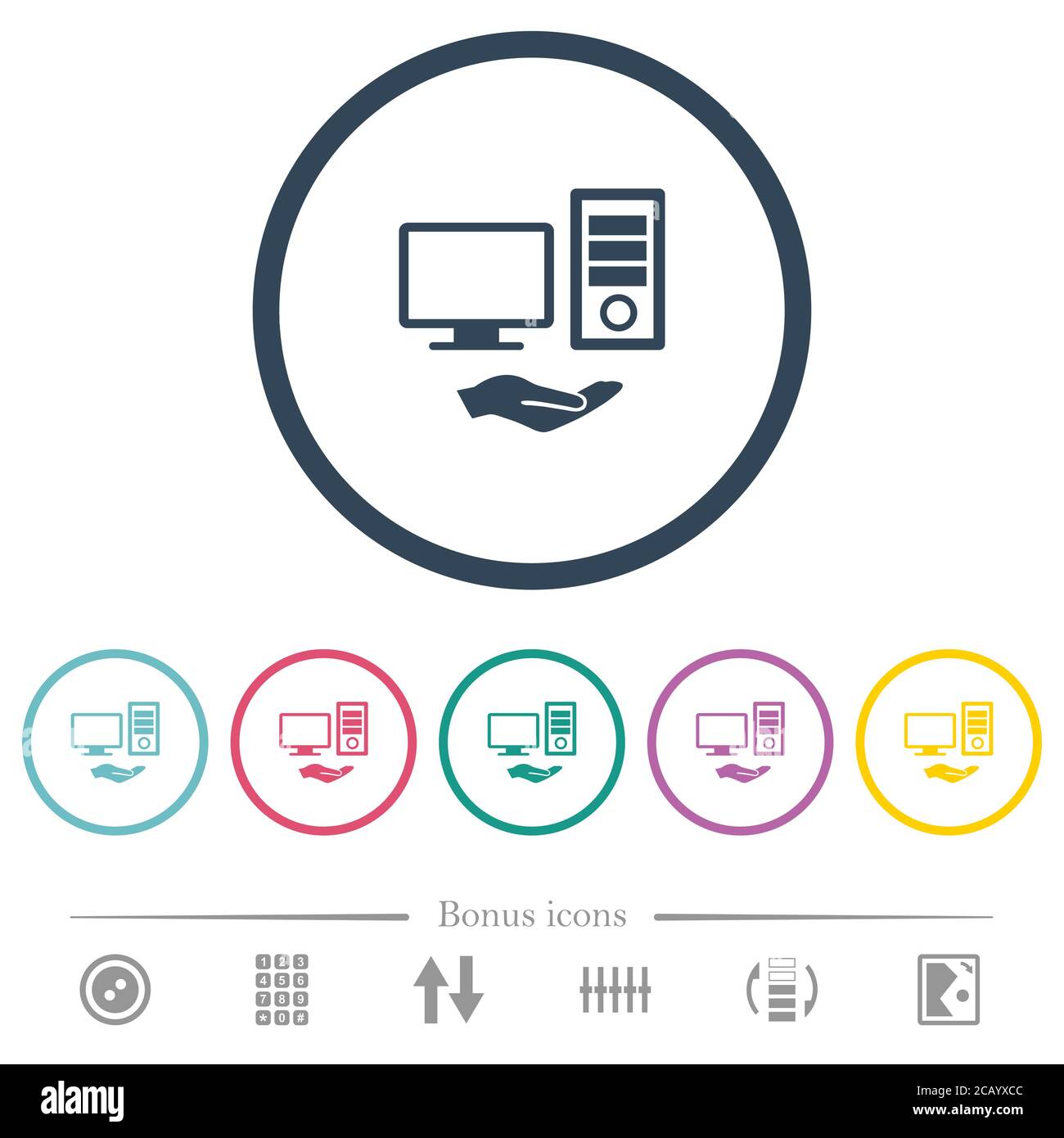 Shared computer flat color icons in round outlines. 6 bonus icons ...