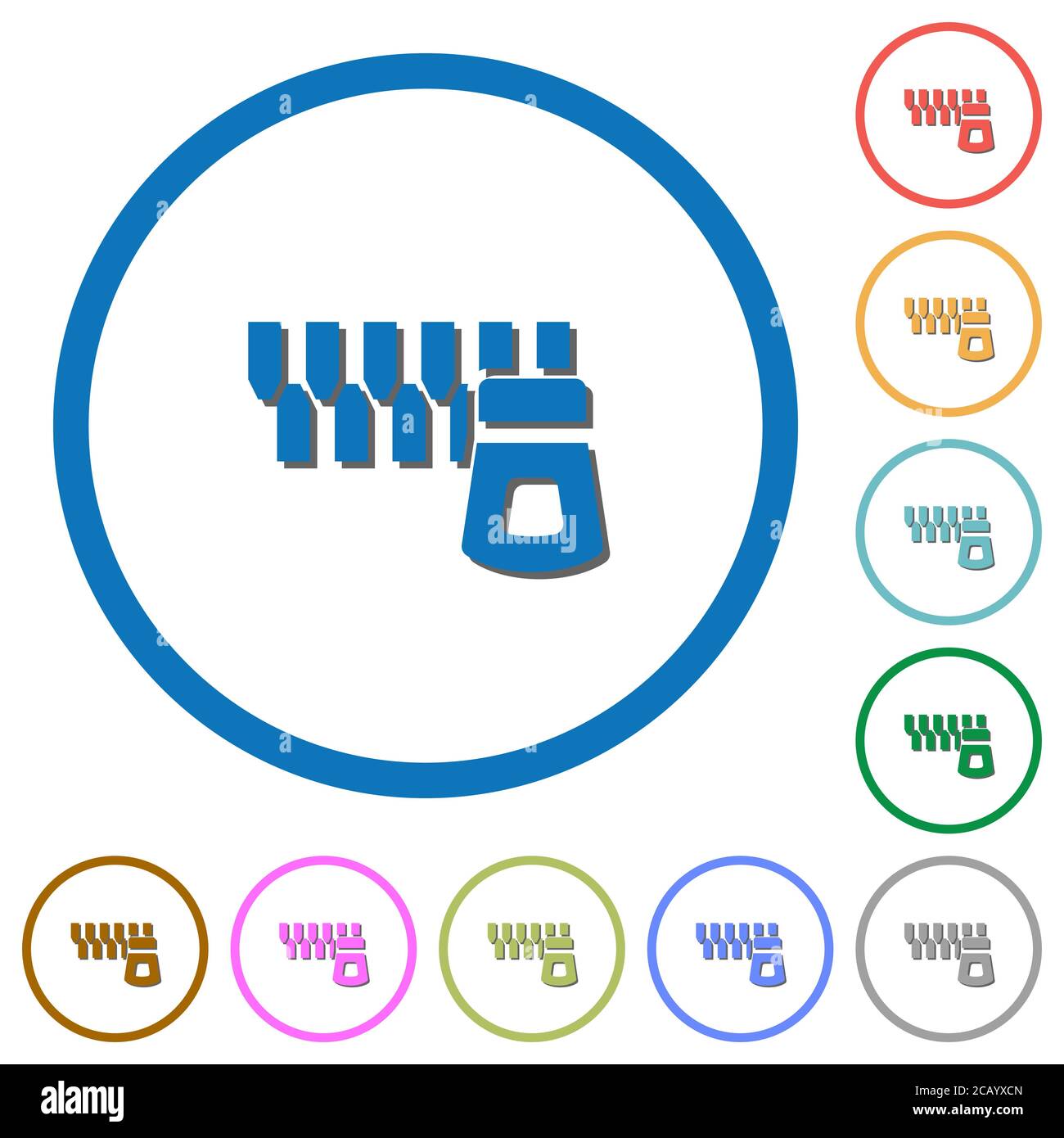 Horizontal zipper flat color vector icons with shadows in round ...