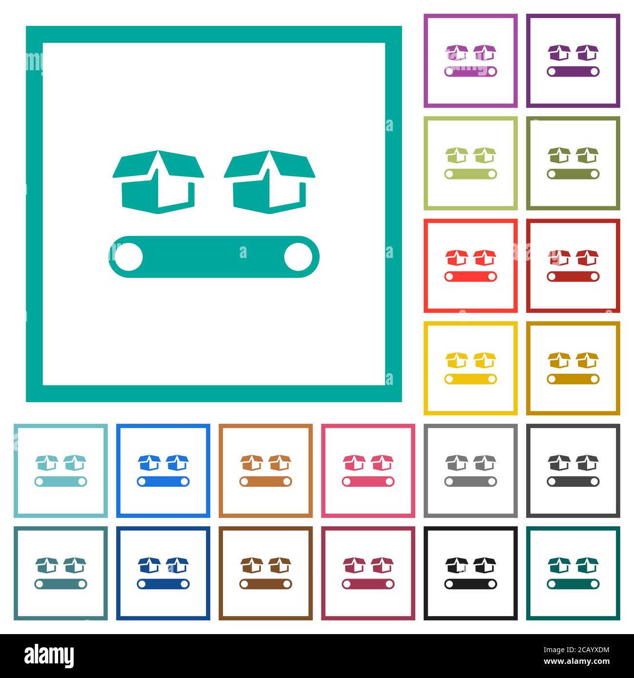 Conveyor with boxes flat color icons with quadrant frames on white ...