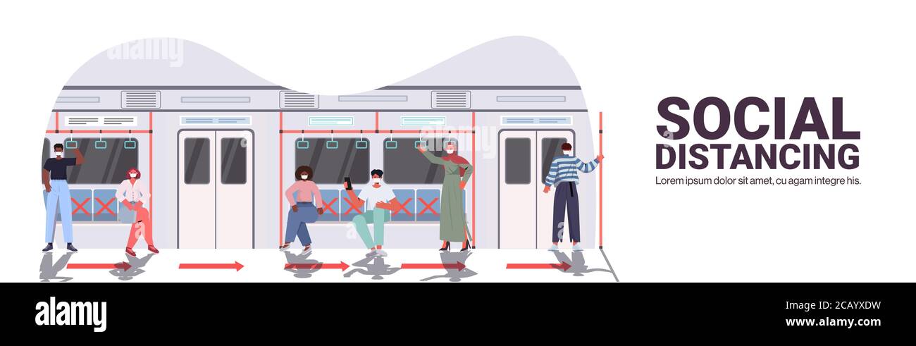 mix race subway passengers in protective masks keeping distance to ...