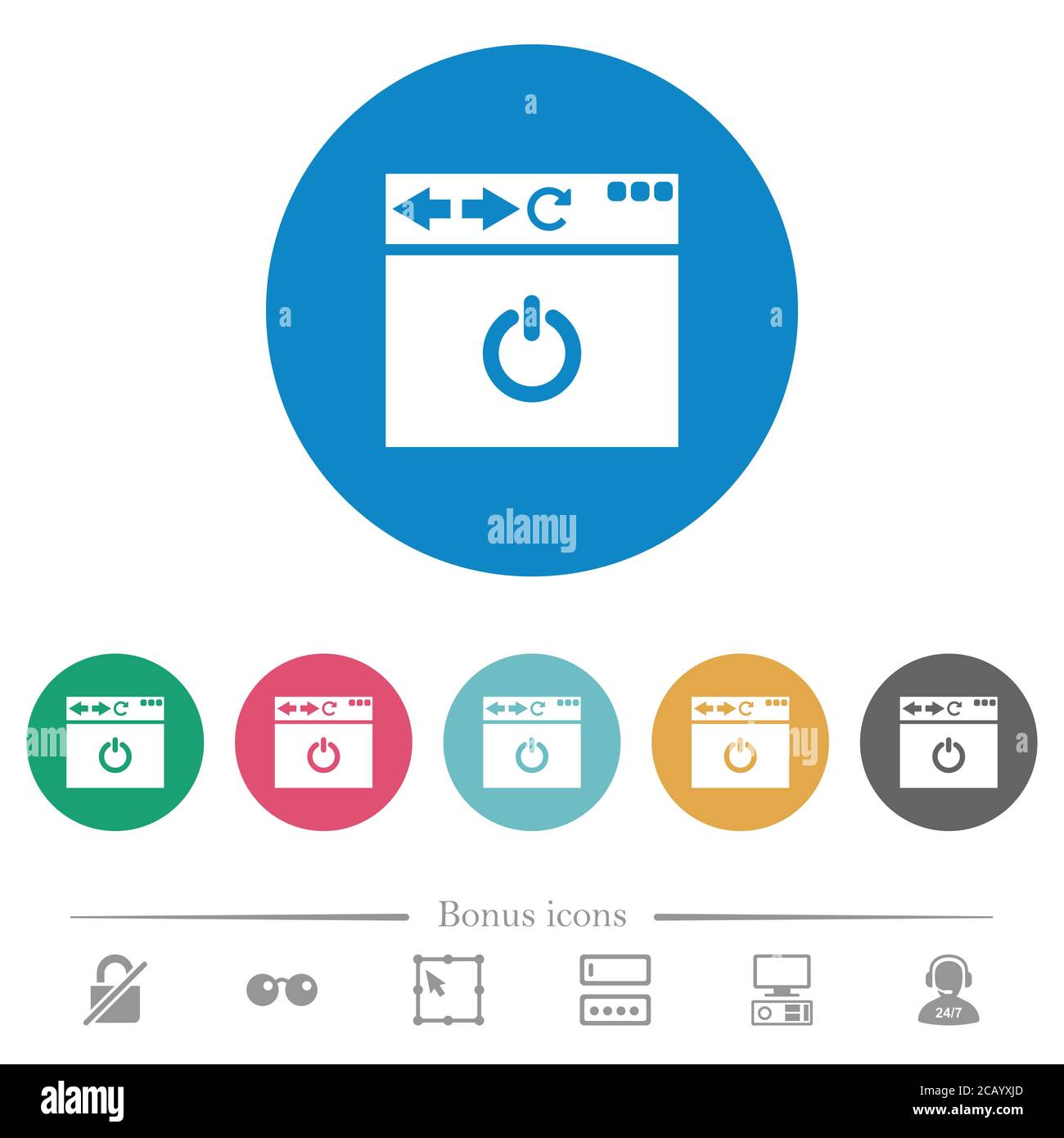 Close browser page flat white icons on round color backgrounds. 6 bonus ...