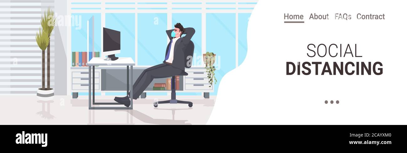 businessman sitting at workplace desk social distancing coronavirus ...