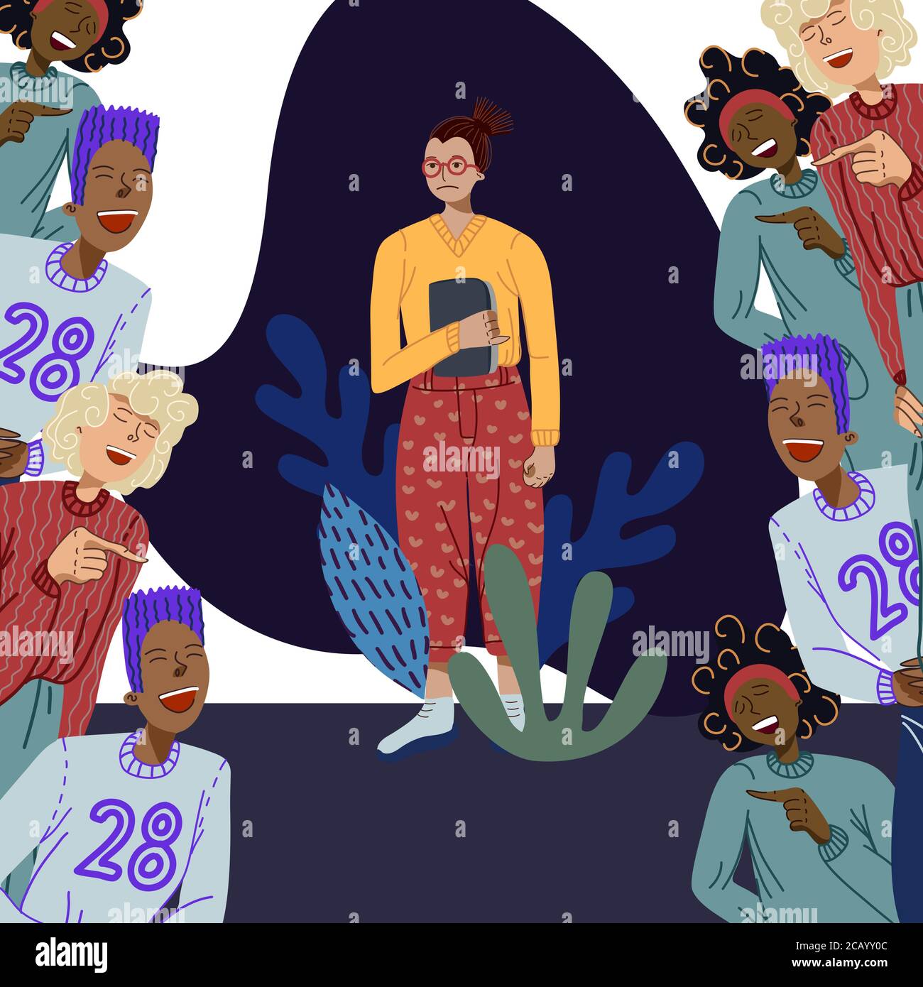 Bullying among students, young people laughing at their classmate ...