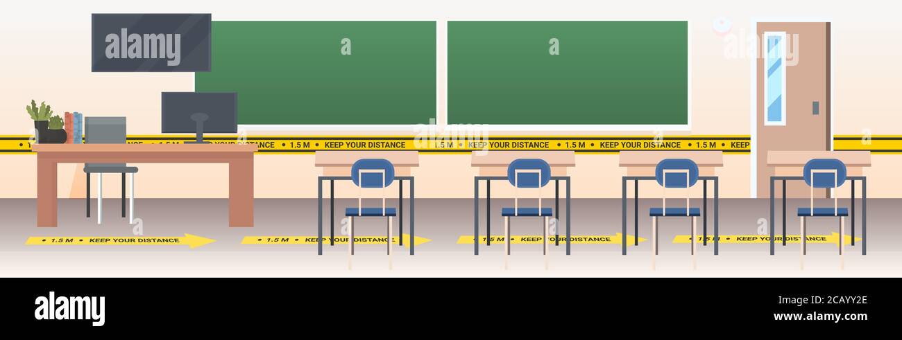 school classroom with signs for social distancing yellow stickers ...