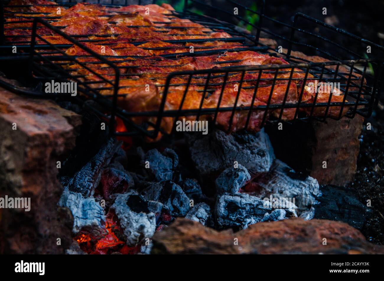 barbecue is prepared on the grill. Smoke from the fire Stock Photo - Alamy