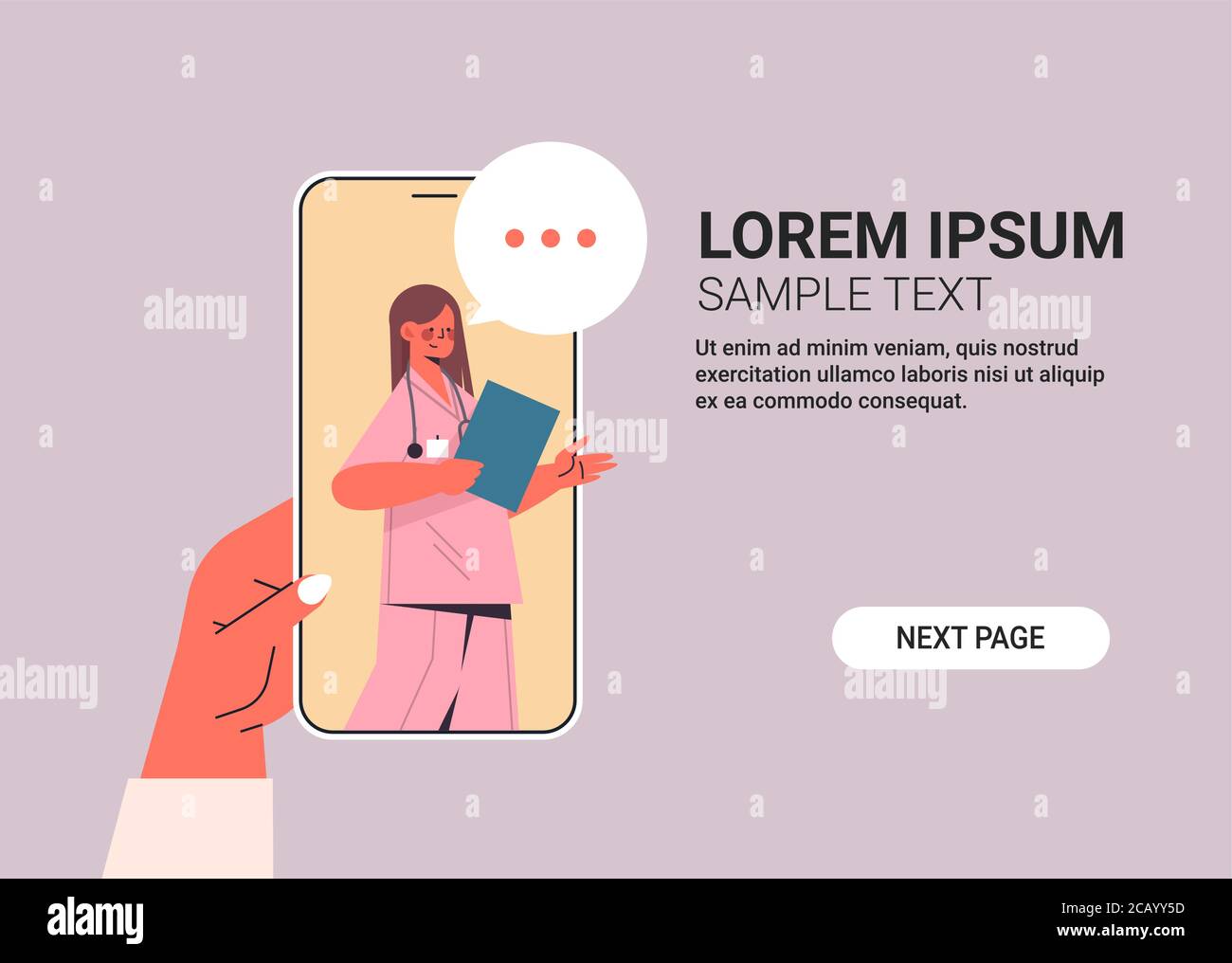 patient discussing with female doctor in smartphone screen chat bubble ...